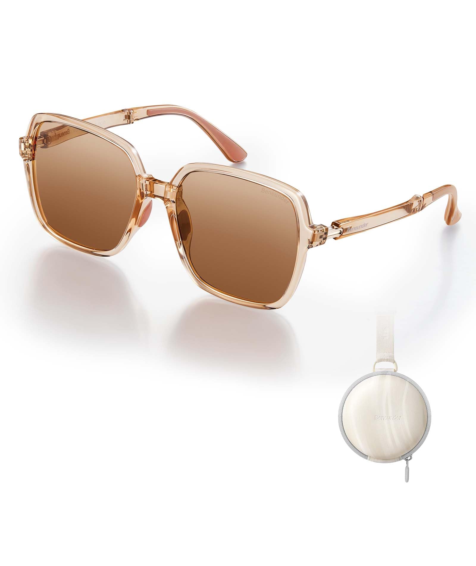 BENEUNDER Trendy Square Polarized Sunglasses, Lightweight Folding Sunglasses for Women Men, UV Protection for Fishing Driving Beach, Light Brown