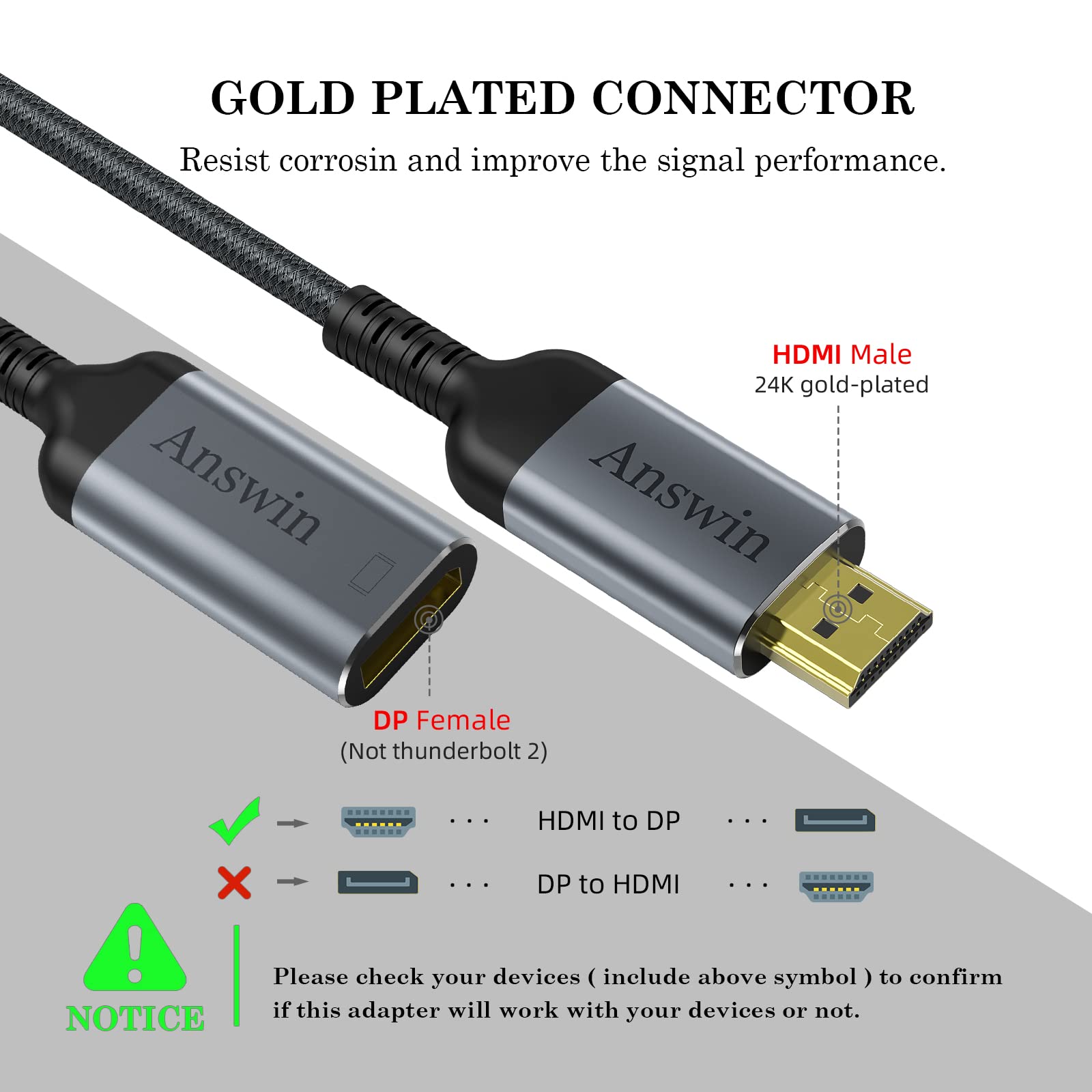 Answin DisplayPort to HDMI Cable, 6Ft DisplayPort to HDMI 4K Unidirectional DP to HDMI Cable Compatible for HP, DELL, GPU, AMD, NVIDIA and More…