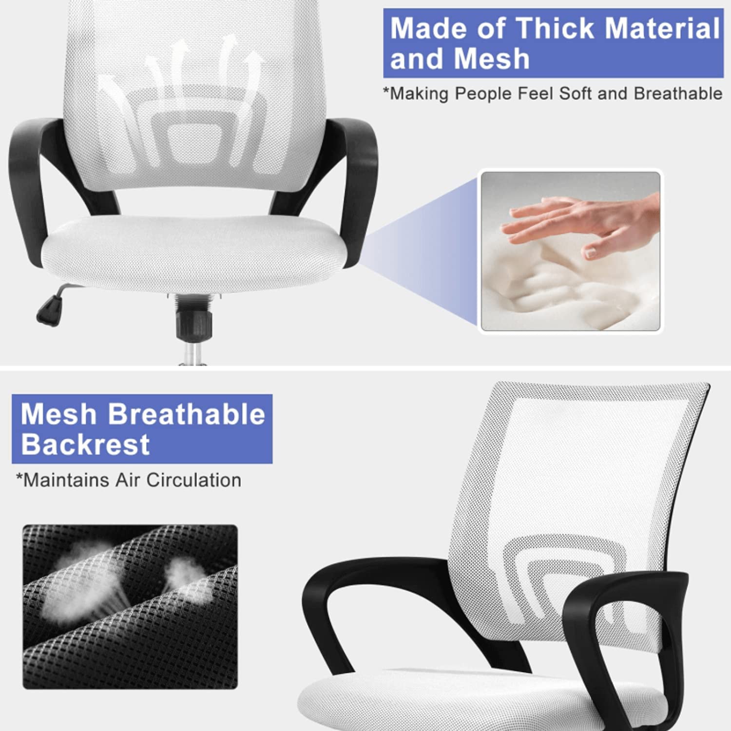 Ergonomic Office Chair Mesh Desk Chair, Computer Chair with Lumbar Support& Armrests, Adjustable Mid-Back Computer Desk Chair, Modern Executive Rolling Swivel for Women Adults, White