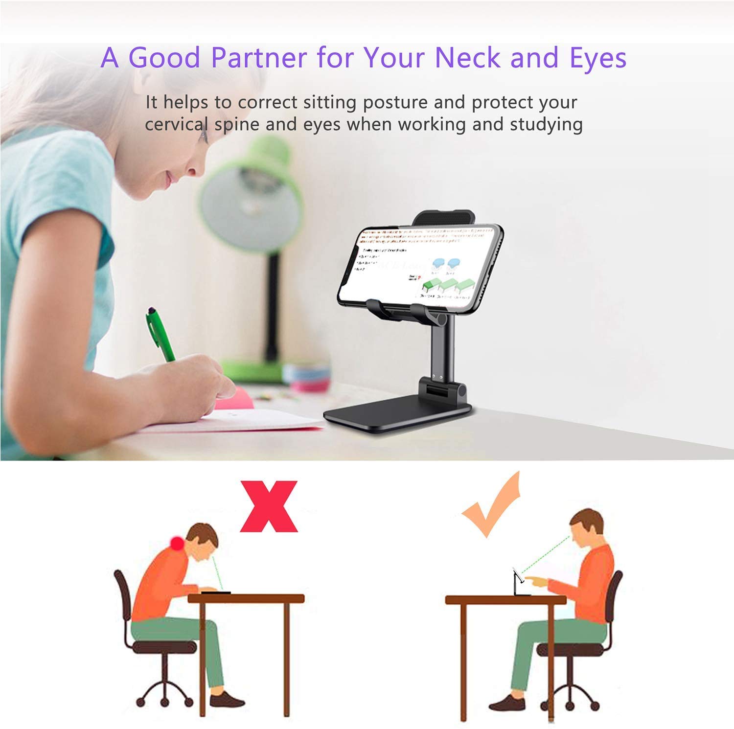 ANDATE Cell Phone Stand, Angle Height Adjustable Cell Phone Stand for Desk, Foldable Cell Phone Holder, Cradle, Dock, Tablet Stand, Case Friendly Compatible with All Mobile Phone/iPad/Kindle/Tablet