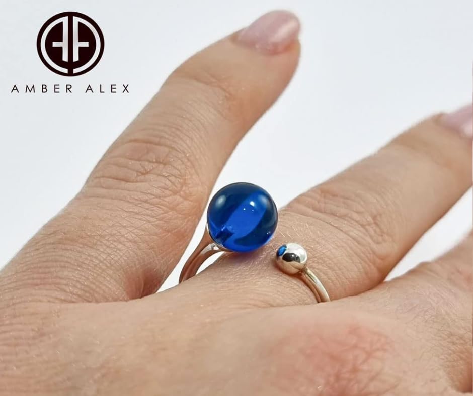 AMBER ALEX Blue Amber Round Bead Adjustable Ring Sterling Silver, Genuine Caribbean Amber.