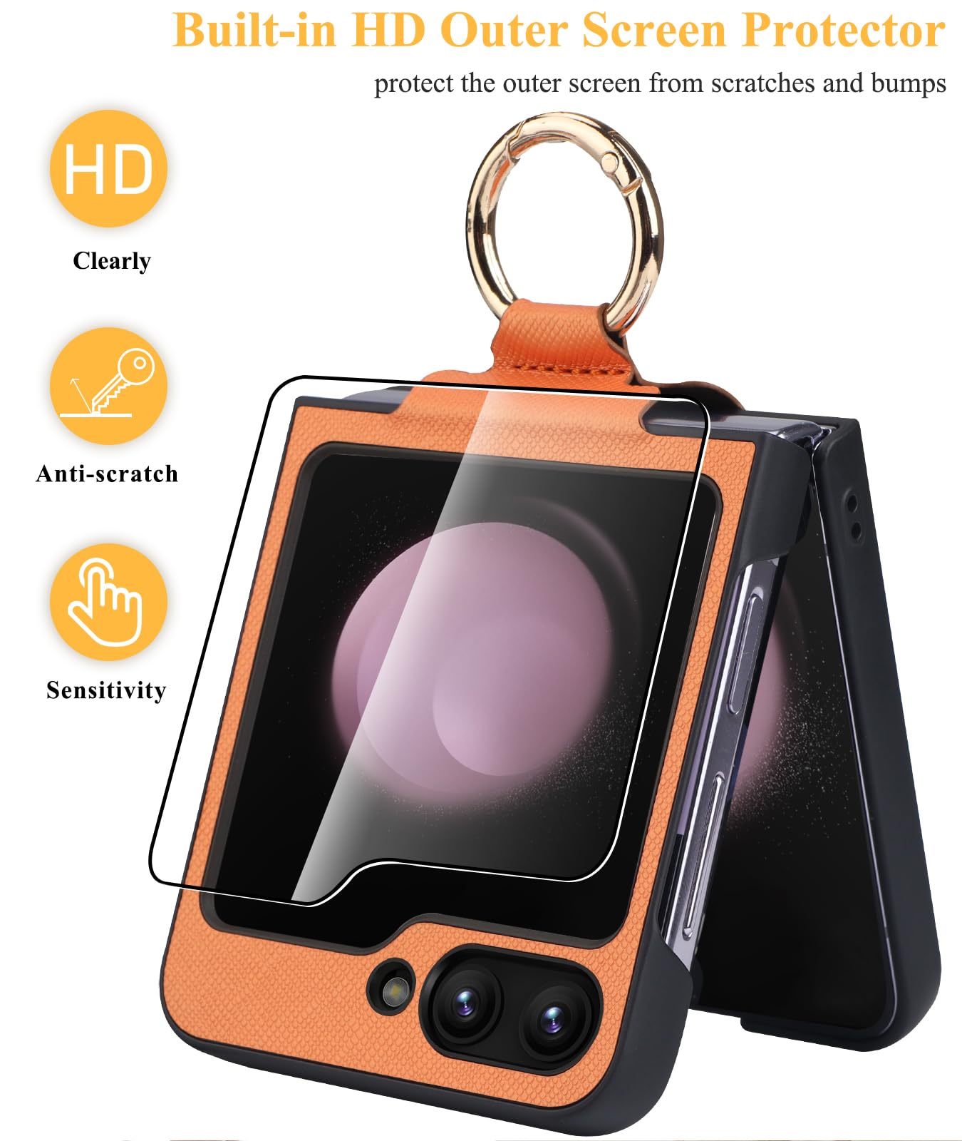 ATATOO for Galaxy Z Flip 5 Case with Kickstand, Thin Flip5 Case with Adjustable Ring & Front Screen Protector, Sturdy Anti-Slip Luxury Leather Phone Case for Samsung Galaxy Z Flip 5 2023, Orange