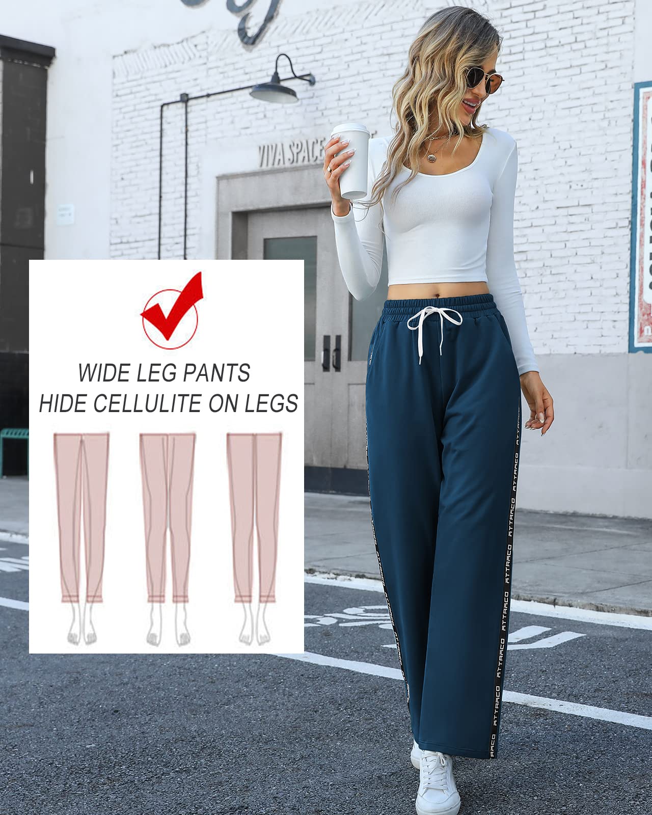ATTRACO Women Wide Leg Sweatpants Baggy Lounge Pants Drawstring Casual Athletic Pants Blue