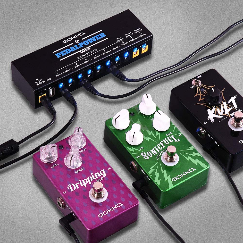 GOKKO Guitar Pedal Power Supply 10 Isolated DC Output for 9V 12V 18V Effect Pedal with Smart Short Circuit and Over Current Protection