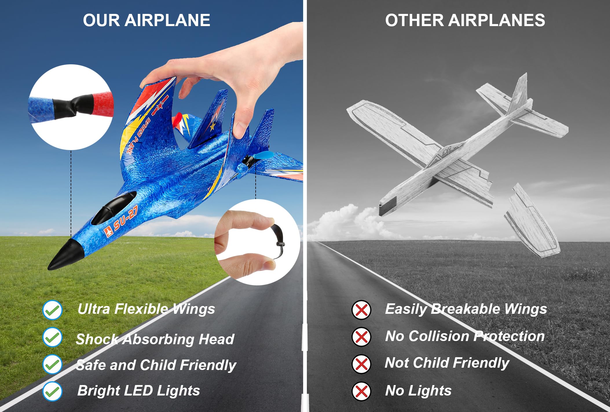 Aketoy Remote Control Airplane Easy to Fly Ultra Long Range RC Glider for Kids & Beginners with LEDs (Blue)
