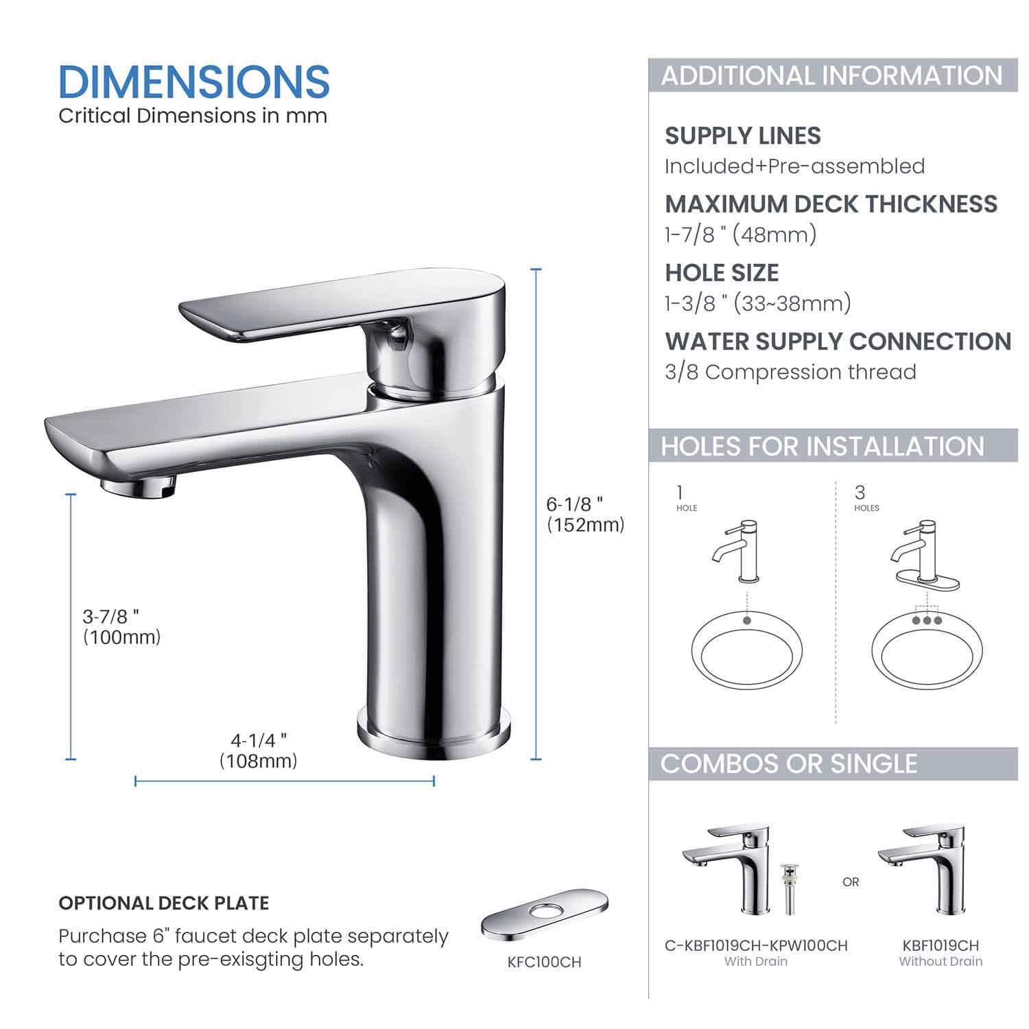 KIBI Single Handle Tender Faucet for Bathroom Sink with Pop Up Drain | Solid Brass High Arc Faucet Spout (Chrome) (KBF1019)