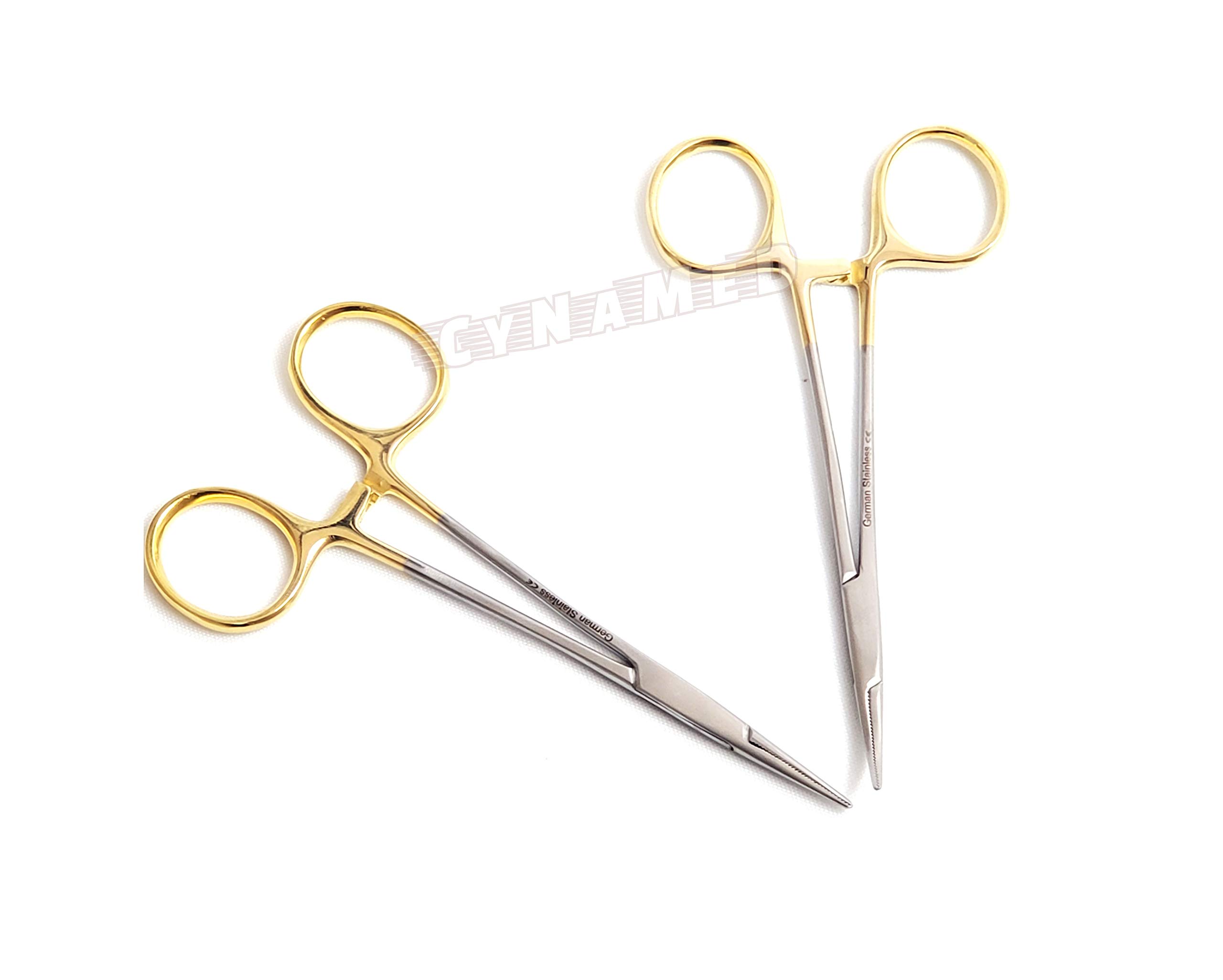 Premium German Stainless- Set of 2 PCS Gold Handle Mosquito Locking HEMOSTAT Forceps Straight + Curved 5"-Cynamed