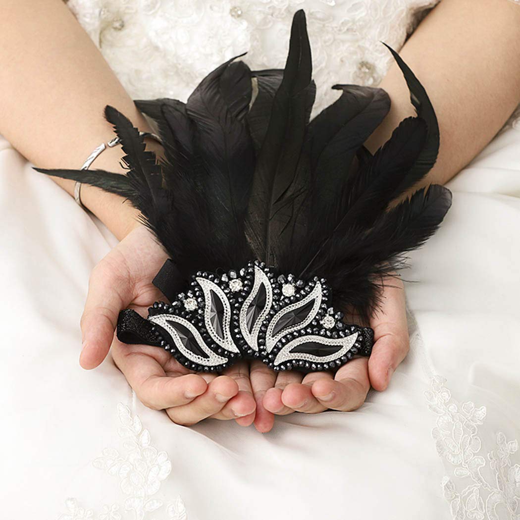Asooll 1920s Vintage Feather Headband Black Crystal Headpiece Flapper Prom Hair Accessories for Women