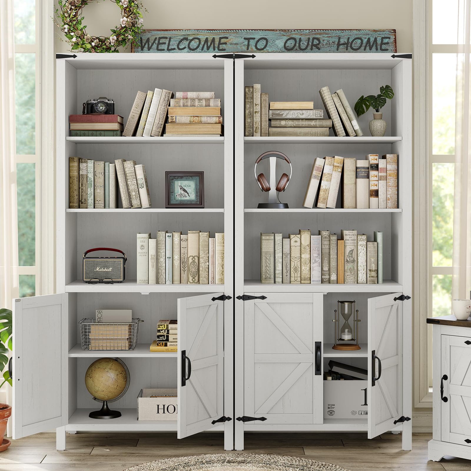 Furnihold Farmhouse Bookcase and Bookshelf with Doors, 5-Shelf Bookcase Adjustable Bookshelf, Wood Bookcase Tall Storage Cabinet for Bedroom, Office Room, Living Room, Off White