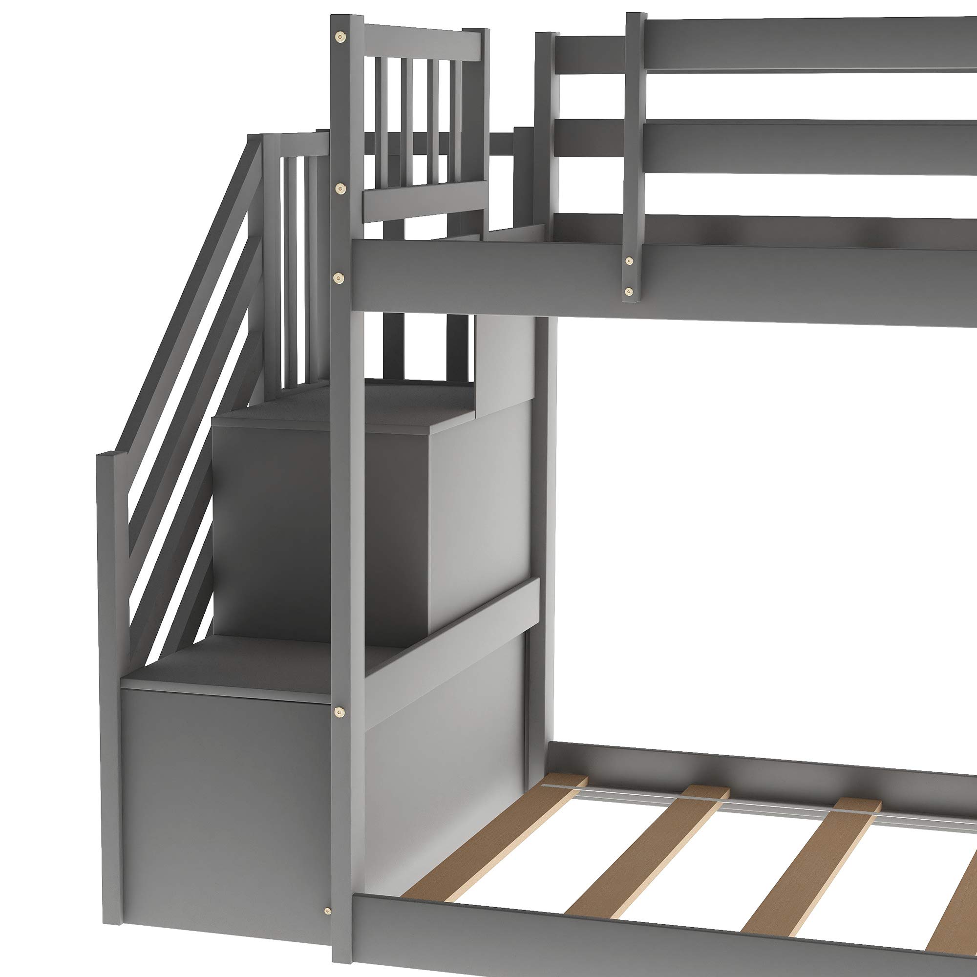 Twin Over Twin Bunk Bed with Slide and Storage Staircase, Twin Size Bunk Bed for Kids, Teens, No Box Spring Needed (Gray, Twin Over Twin)
