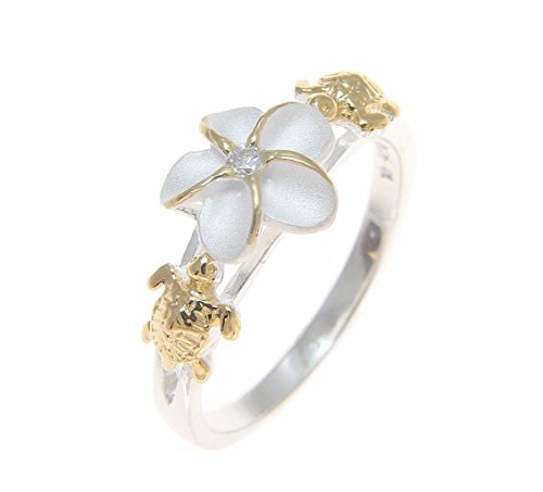 Arthur's Jewelry Sterling silver 925 Hawaiian plumeria flower cz turtle ring 2 tone yellow gold plated size 8