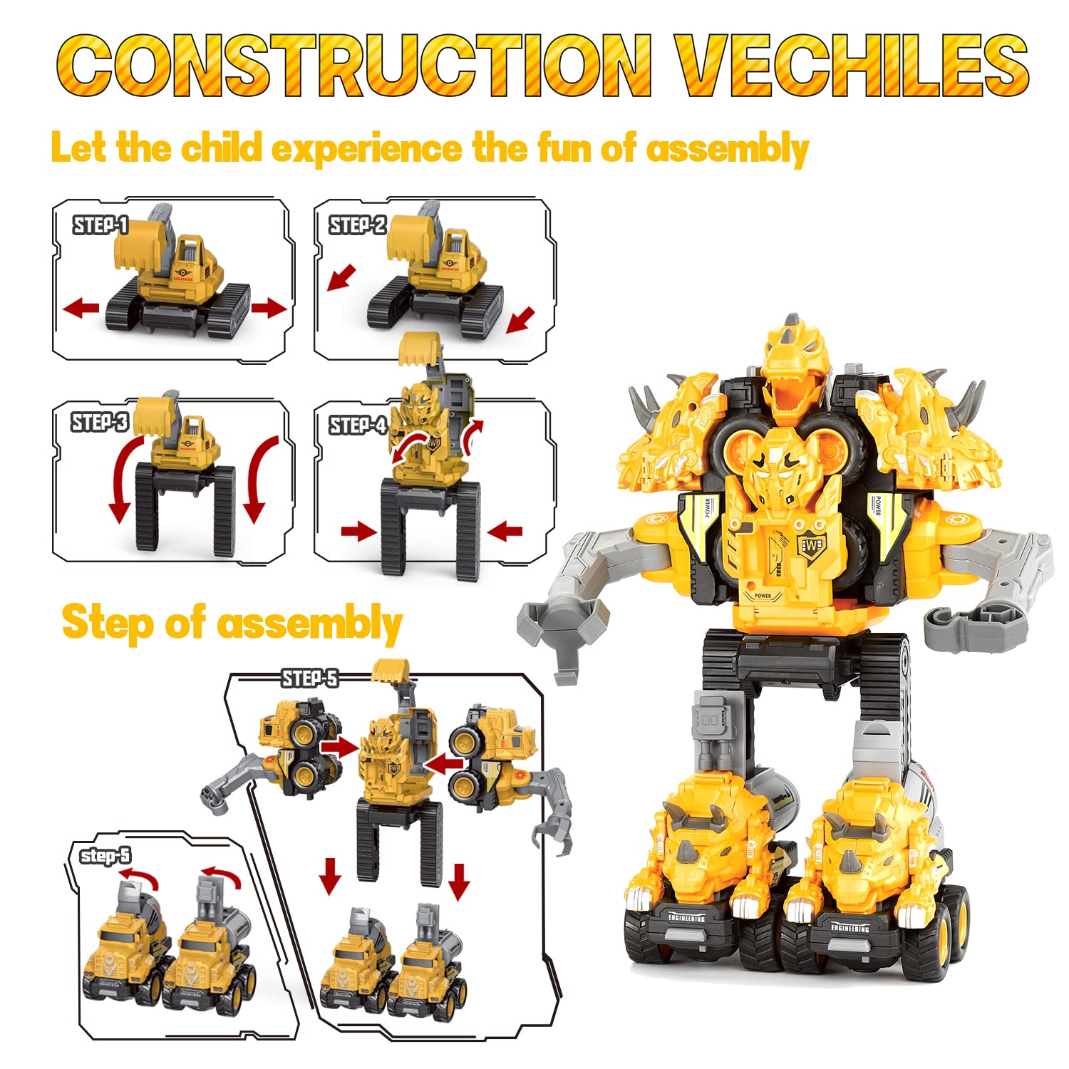 Asoxt Transforming Robot Toys for Toddlers - Build, Play and Learn with Dino and Construction Vehicles,Easy DIY Assembly Function,5 in 1 Educational Toys