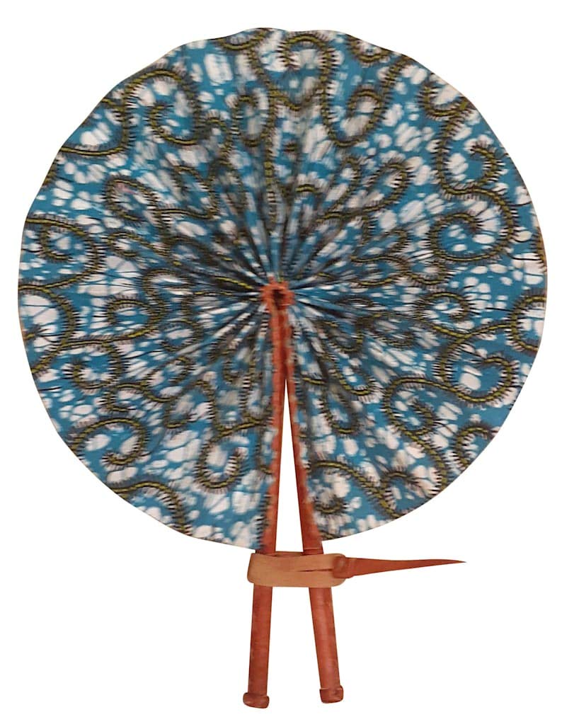 African Folding Hand Fan Blue Gold Swirl Quality Fabric