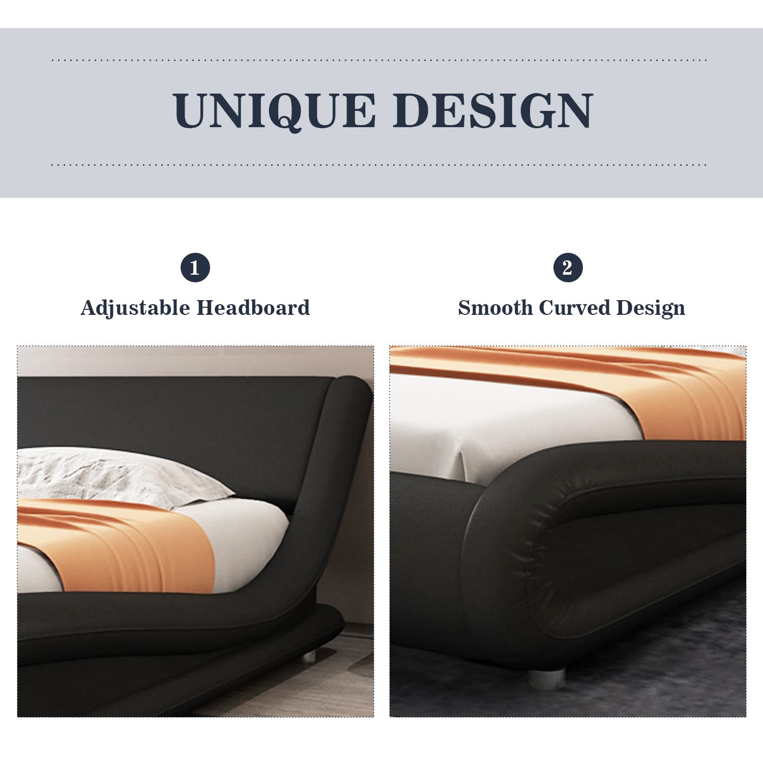 Allewie Queen Size Bed Frame with Curved Adjustable Headboard, Faux Leather Upholstered Platform Bed, Strong Wooden Slats Support, 10-12'' Mattress Recommended, Black