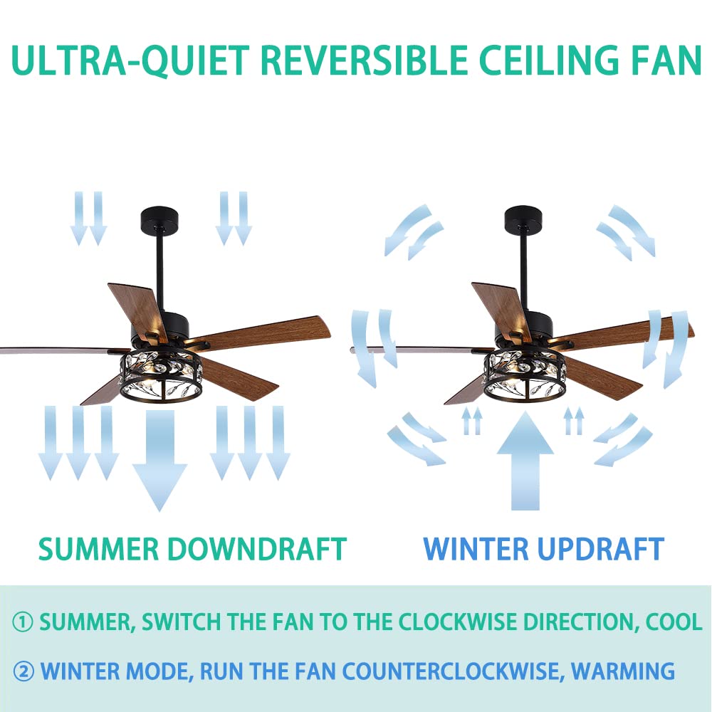 ANFERSONLIGHT 52" Crystal Ceiling Fan with Light - Vintage Industrial Style, Noiseless, Remote Control, Reversible Motor, 3 Speeds - Perfect for Living Room, Bedroom & Dining Room - Black Finish