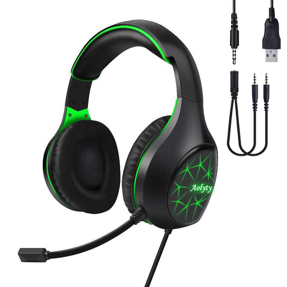 Aolyty Pro Gaming Headset 7.1 Stereo Surround with LED Light Mic Noise Cancelling Over Ear Headphones Compatible with Computer Laptop Phone Tablet,PS5 PS4 (Green)