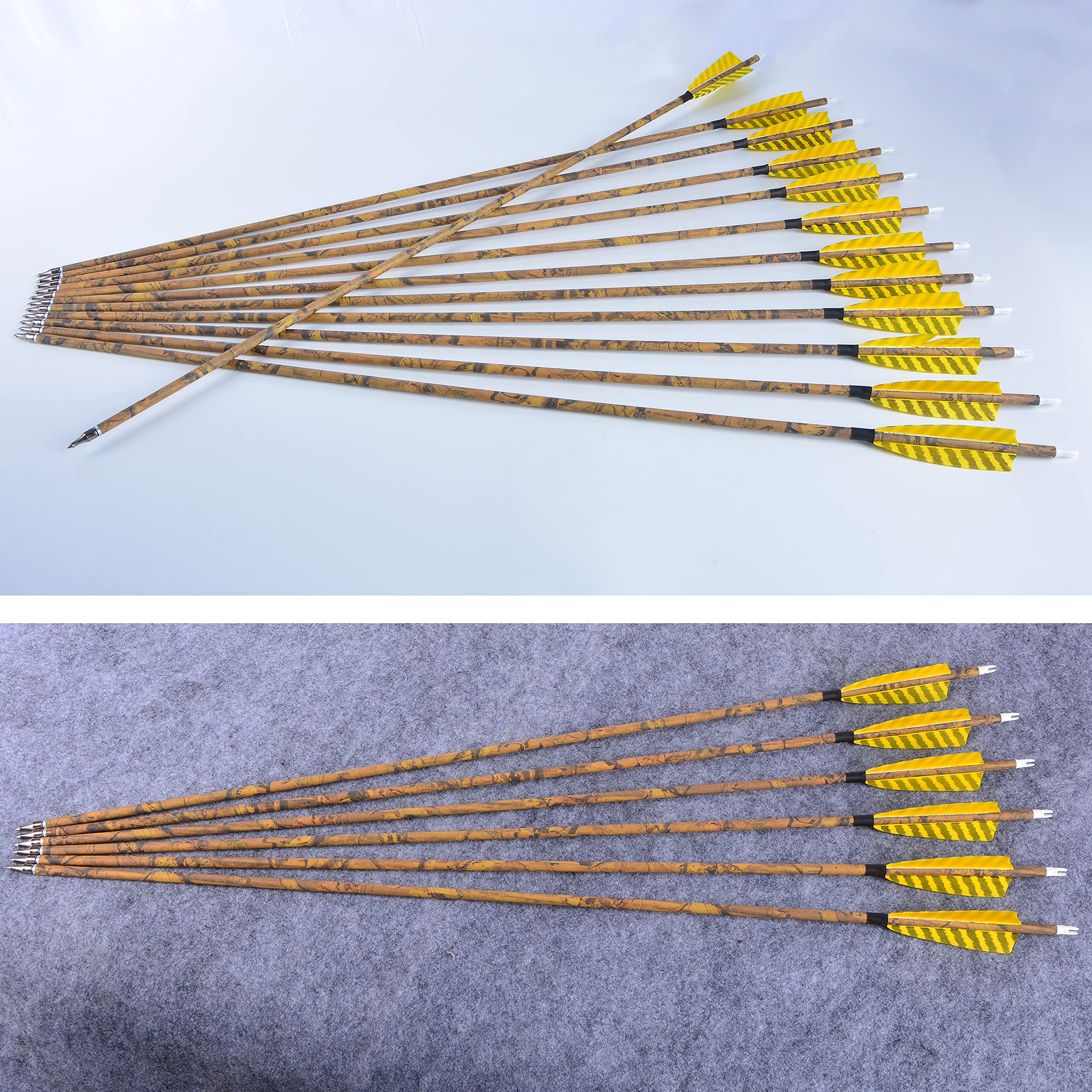 AMEYXGS Camo Carbon Arrow 30 Inch Practice Hunting Arrow Spine 500 with 4 Inch Turkey Feathers for Traditional Recurve Compound Bows (6)