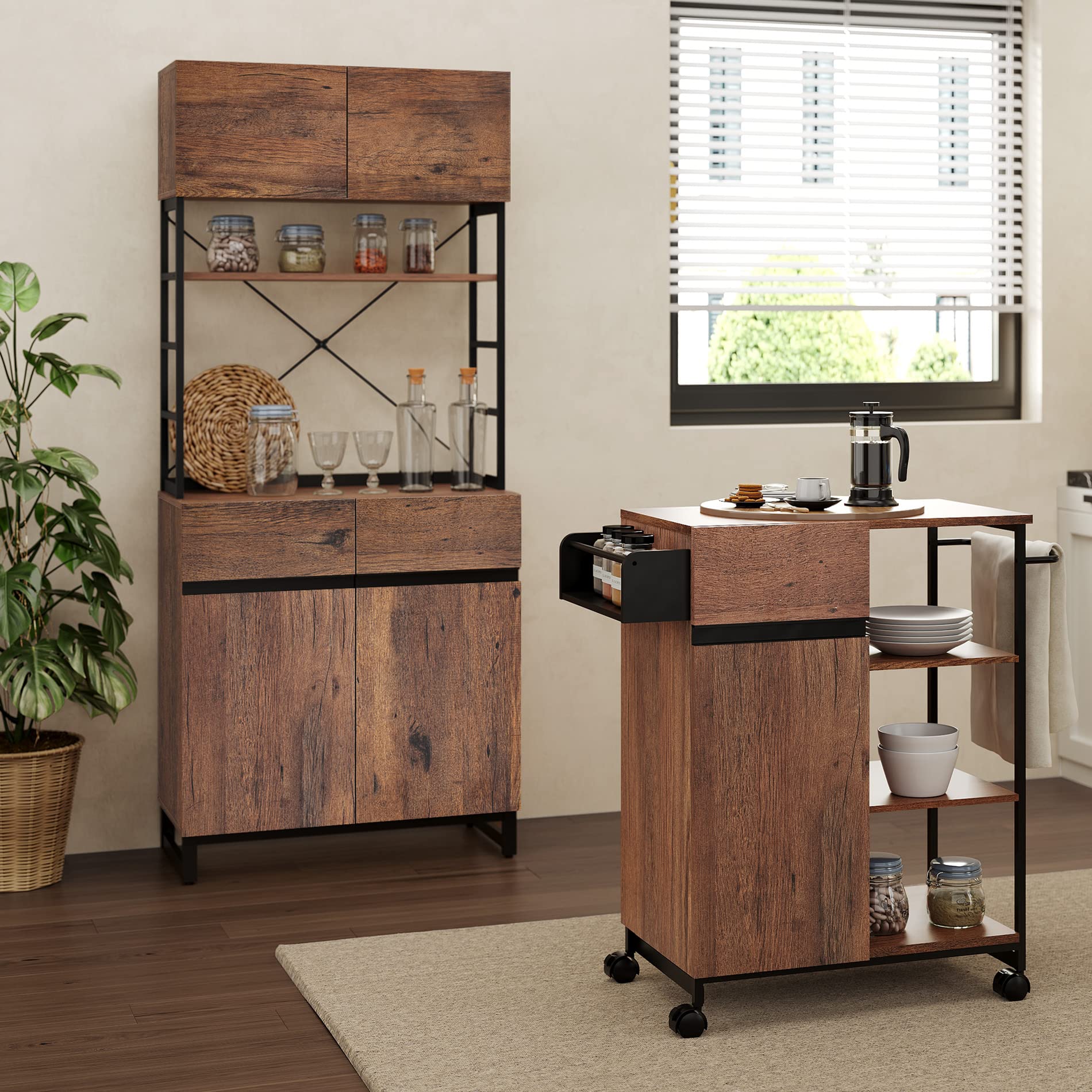 WAMPAT Kitchen Island with Open Shelf,Rolling Cart with Spice and Towel Rack for Small Space