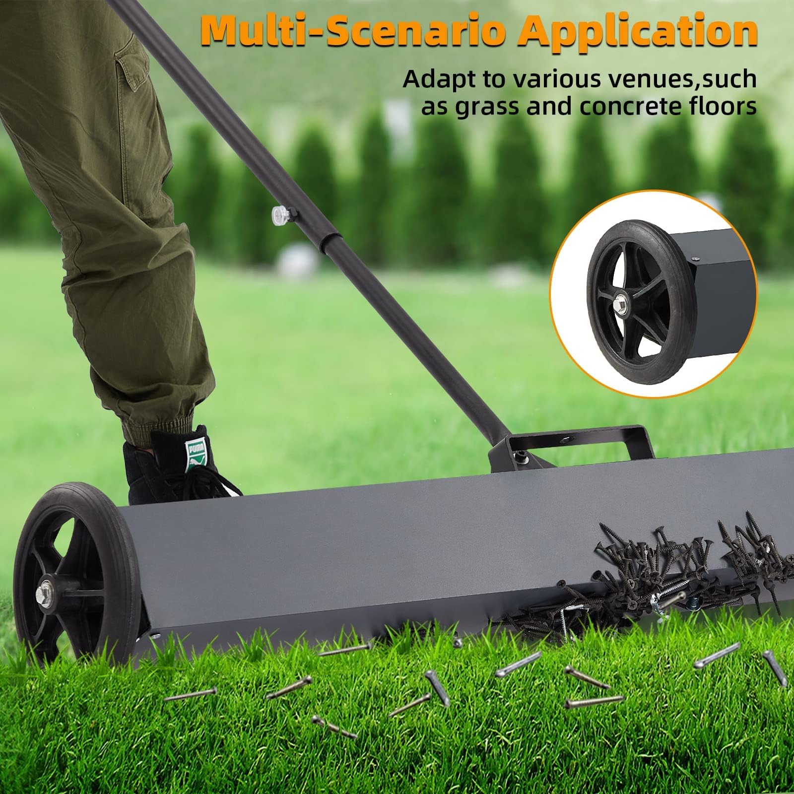 Rolling Magnetic Sweeper 24-inch with Wheels, Push-Type Magnetic Pick-Up Sweeper Quick Release Latch 24-inch Large Magnet Pickup Lawn Sweeper with Telescoping Handle Magnetic Pickup Tools