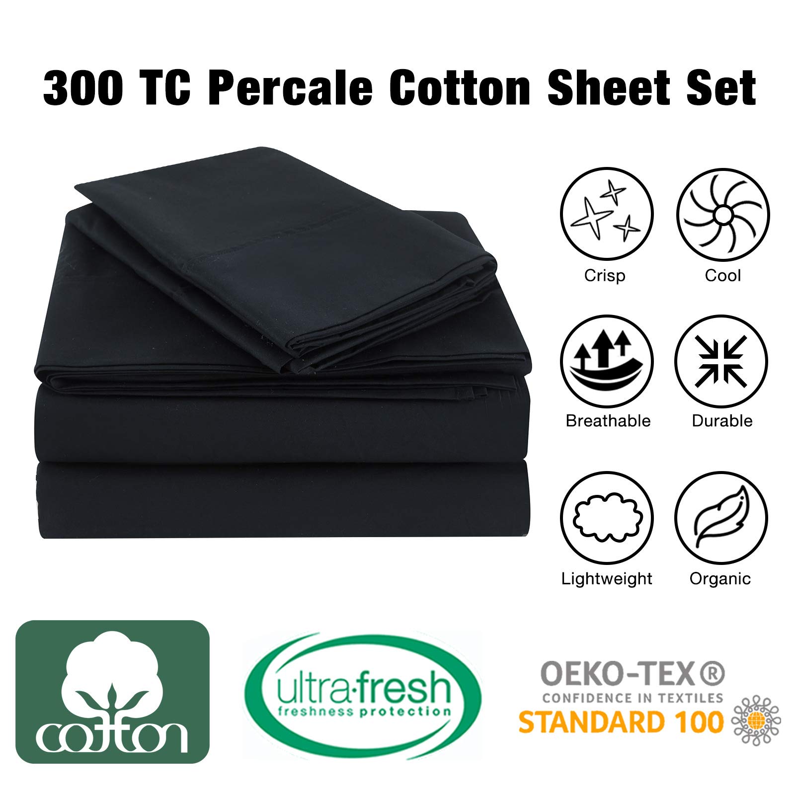 AKK 100% Cotton Queen Sheet Set - Crisp and Cooling Percale Weave - Hotel Luxury Breathable 4 Piece Bed Sheets - Real 300 Thread Count - 17 Inches Deep Pocket with All-Around Elastic, Black