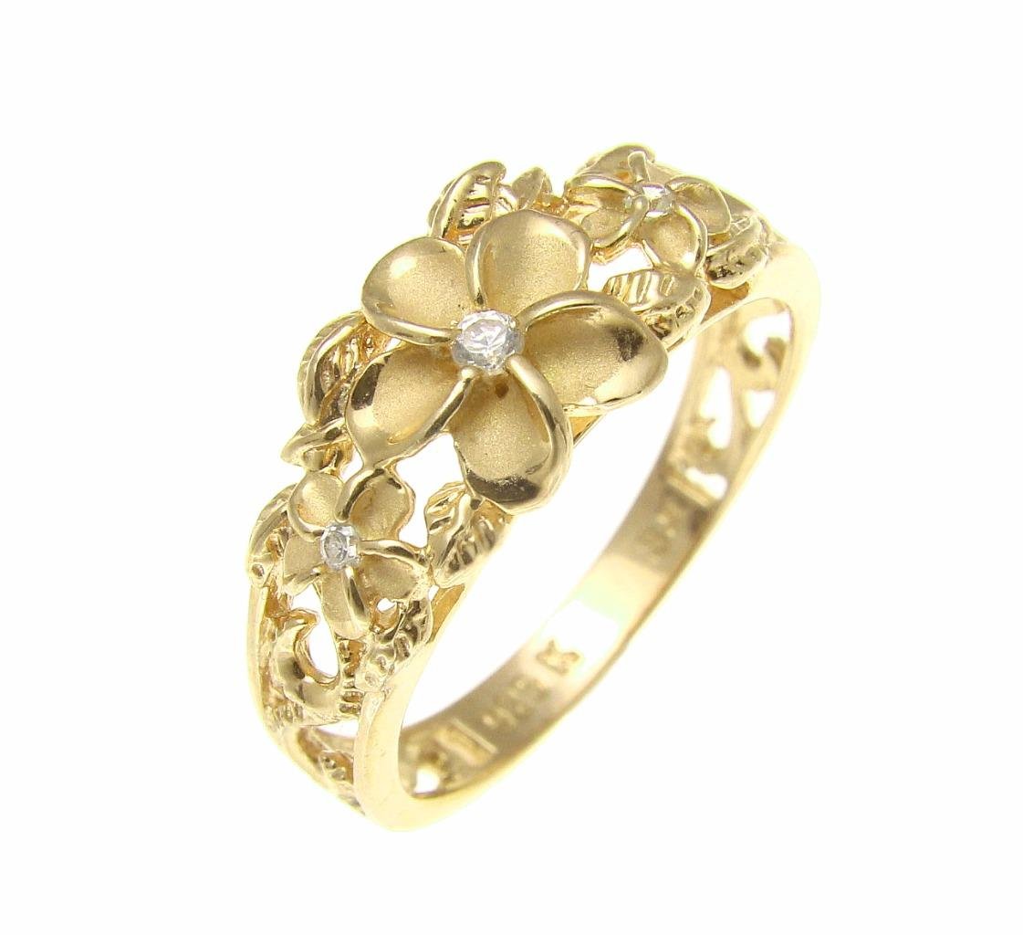 Arthur's Jewelry Yellow gold plated silver 925 Hawaiian 3 plumeria flower cz ring maile leaf cut out scroll size 8.5