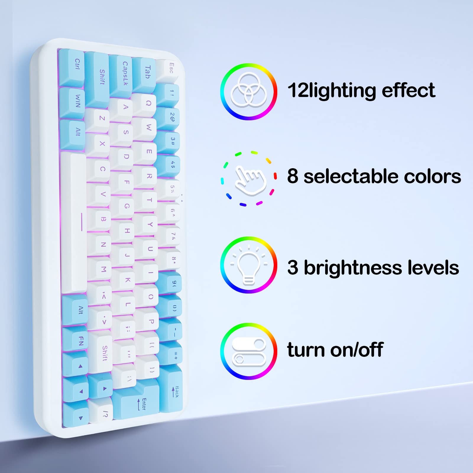 Apuode 60% Wireless Gaming Keyboard, RGB Backlit Ultra-Compact Mini Keyboard with Wrist Rest, Waterproof Mini Compact 61 Keys Keyboard for PC/Mac Gamer, Easy to Carry on Business Trip(White)