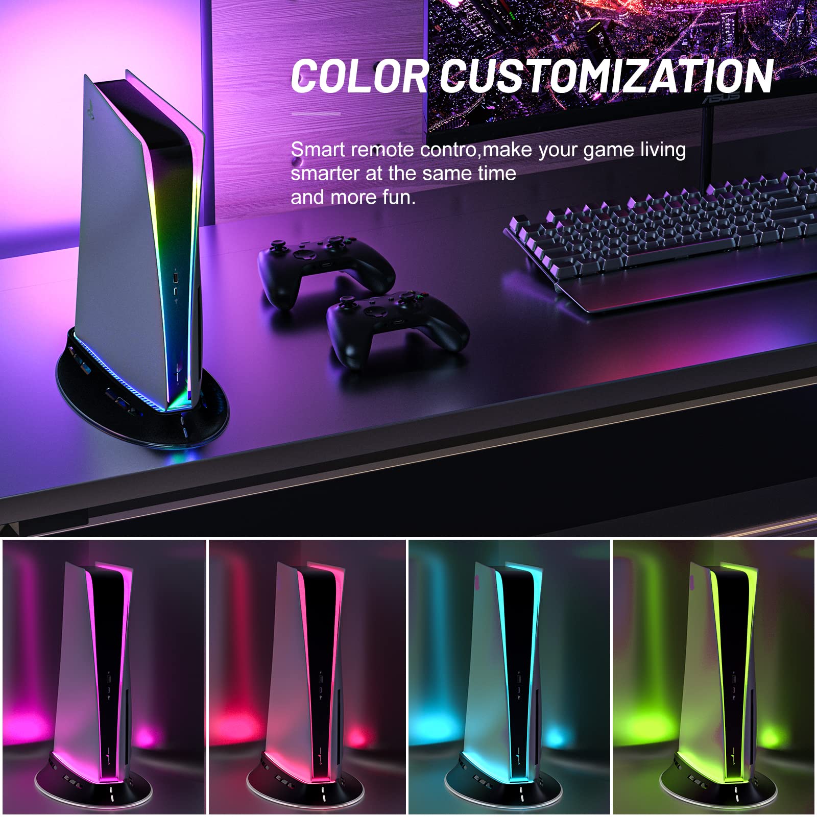 Allnice PS5 Stand with Cooling Fan and RGB LED Light for Playstation 5 Disc/Digital Edition, PS5 Cooling Station PS5 Fan Cooler System PS5 Vertical Base, Built-in LED Light with IR Remote, 2 USB Ports