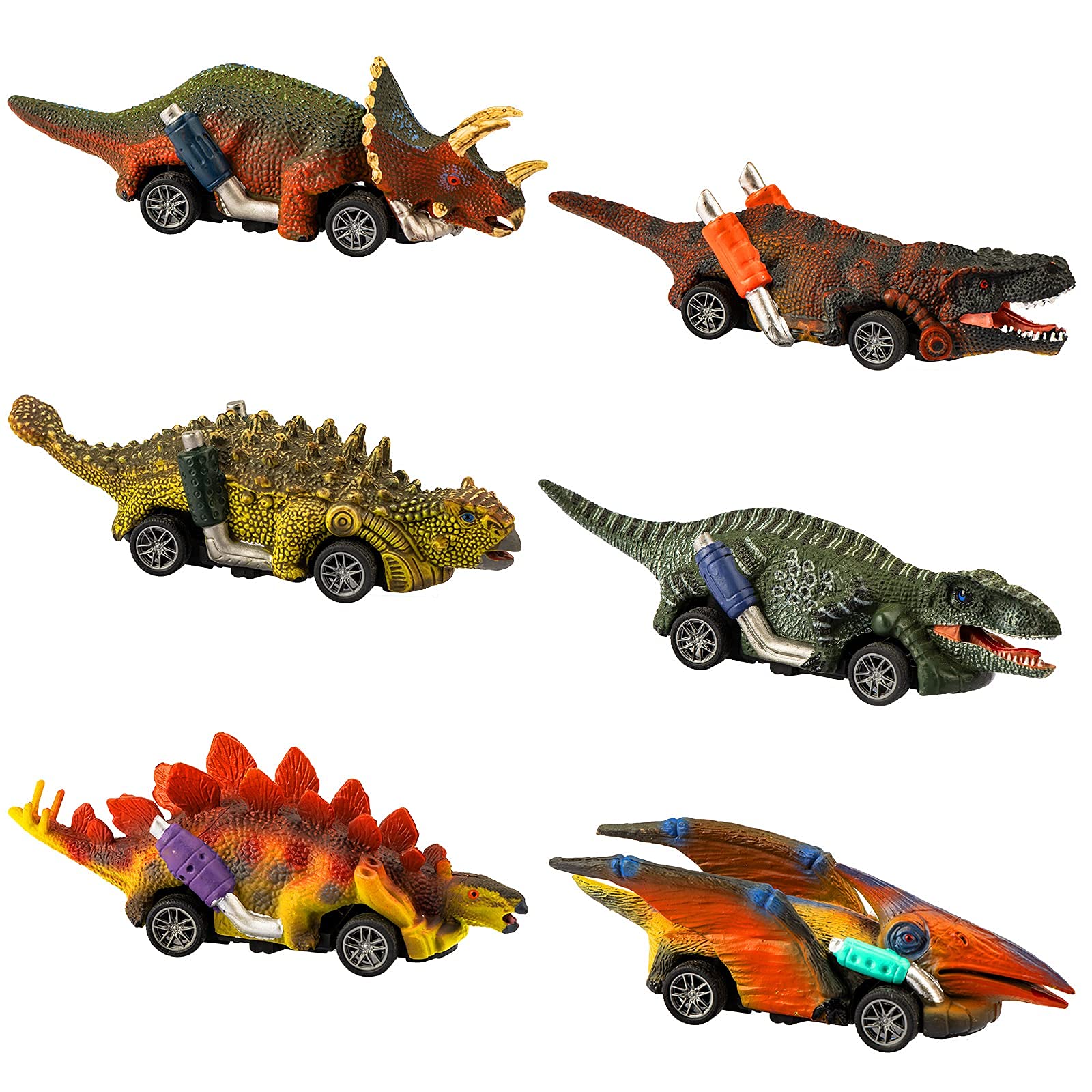Kizmyee Dinosaur Toy Pull Back Cars, 6 Pack Dino Toys for 6 Year Old Boys and Toddlers, Boy Toys Age 6 and Up, Pull Back Toy Cars