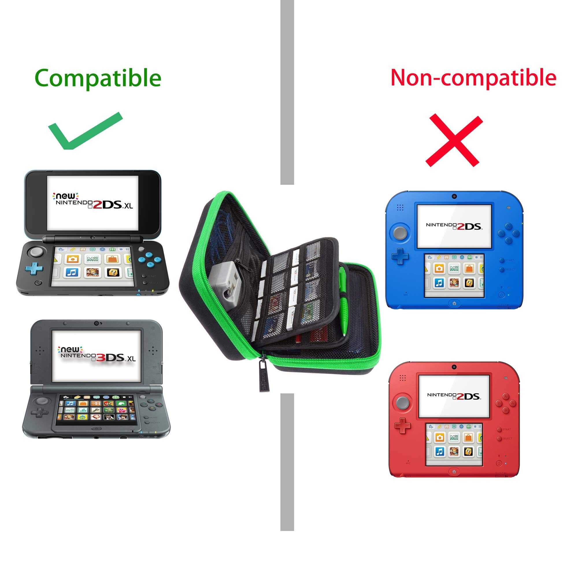 BRENDO 2DS XL Case, 3DS XL Carrying Case for New Nintendo 2DS XL and 3DS XL, 24 Game Cartridge Holders and a Large Stylus - Black/Lime Green