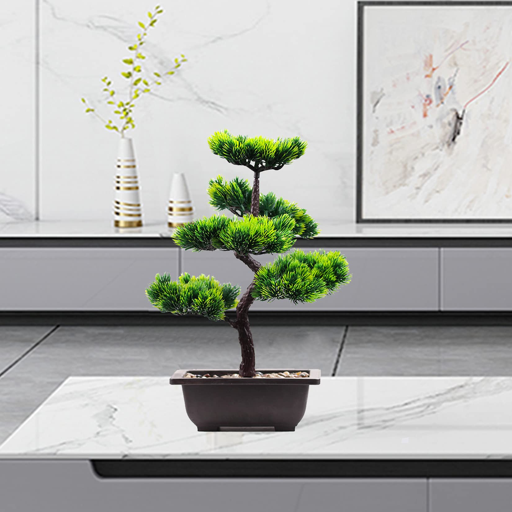 HinyoCo Artificial Large Plants Bonsai Pine Tree,Welcoming Pine Tree Potted Plant Ornament Plastic Simulation Fake Tree Bonsai Living Room Garden Office Shop Décor-11×15.5"