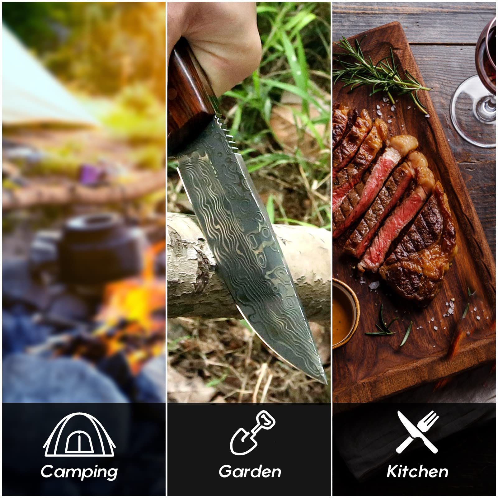Benkey Fixed Blade Hunting Knife Full Tang with Leather Sheath, Solid & Sharp D2 Blade Outdoor Survival Hunting Knife, Comfortable Natural Wood Handle Camping Knife for Men and Women
