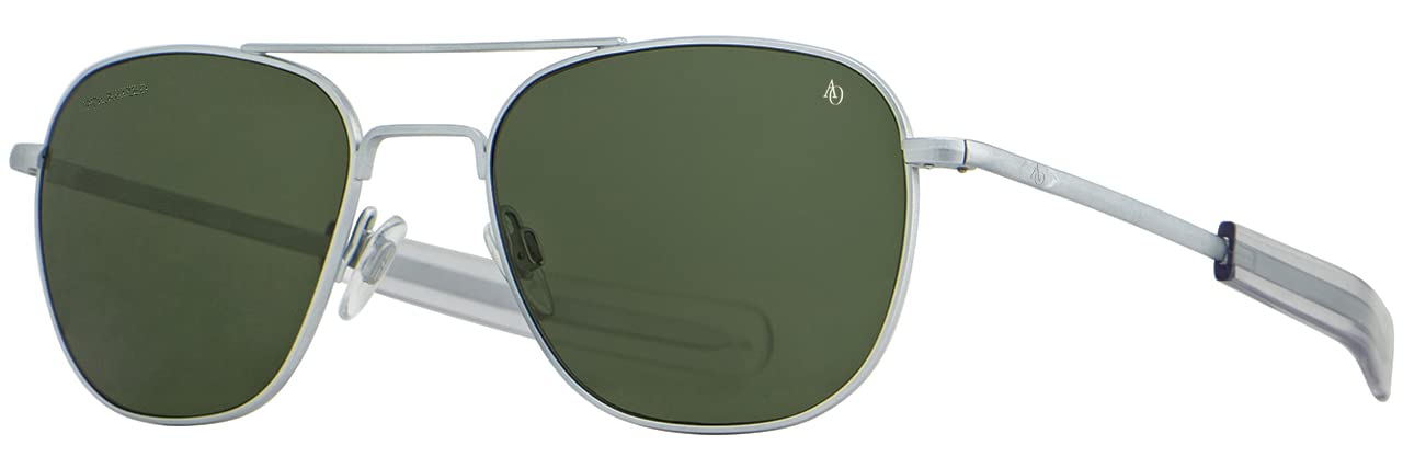 AO Original Pilot Sunglasses - Matte Silver - Calobar Green SkyMaster Glass Lenses - Bayonet Temple - Polarized - 55-20-140