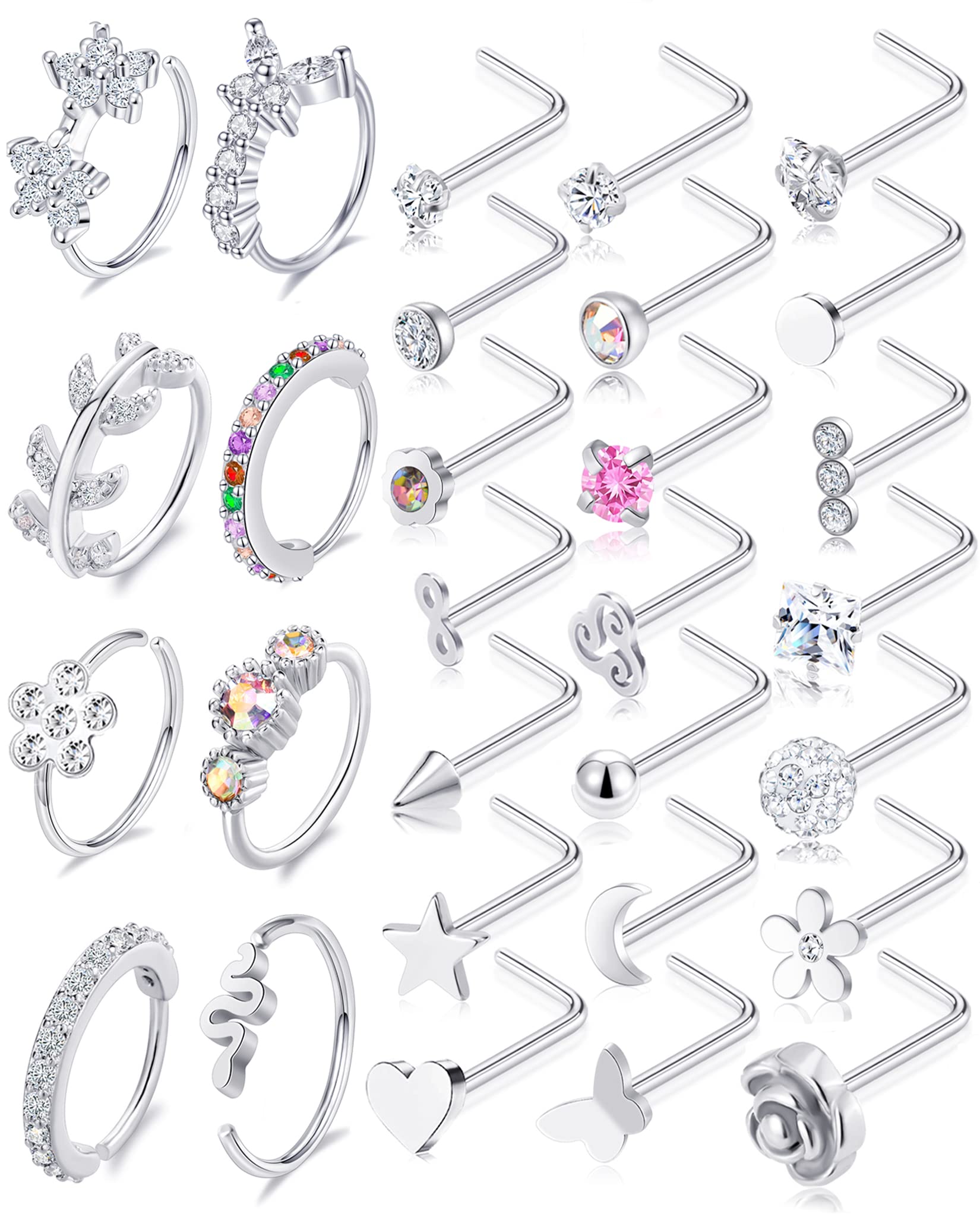 Akeoqi 29Pcs 20G Nose Ring Studs Nose Ring Hoops L Shape CZ Butterfly Snake Star Moon Shape Nose Piercing Jewelry for Women Silver Tone