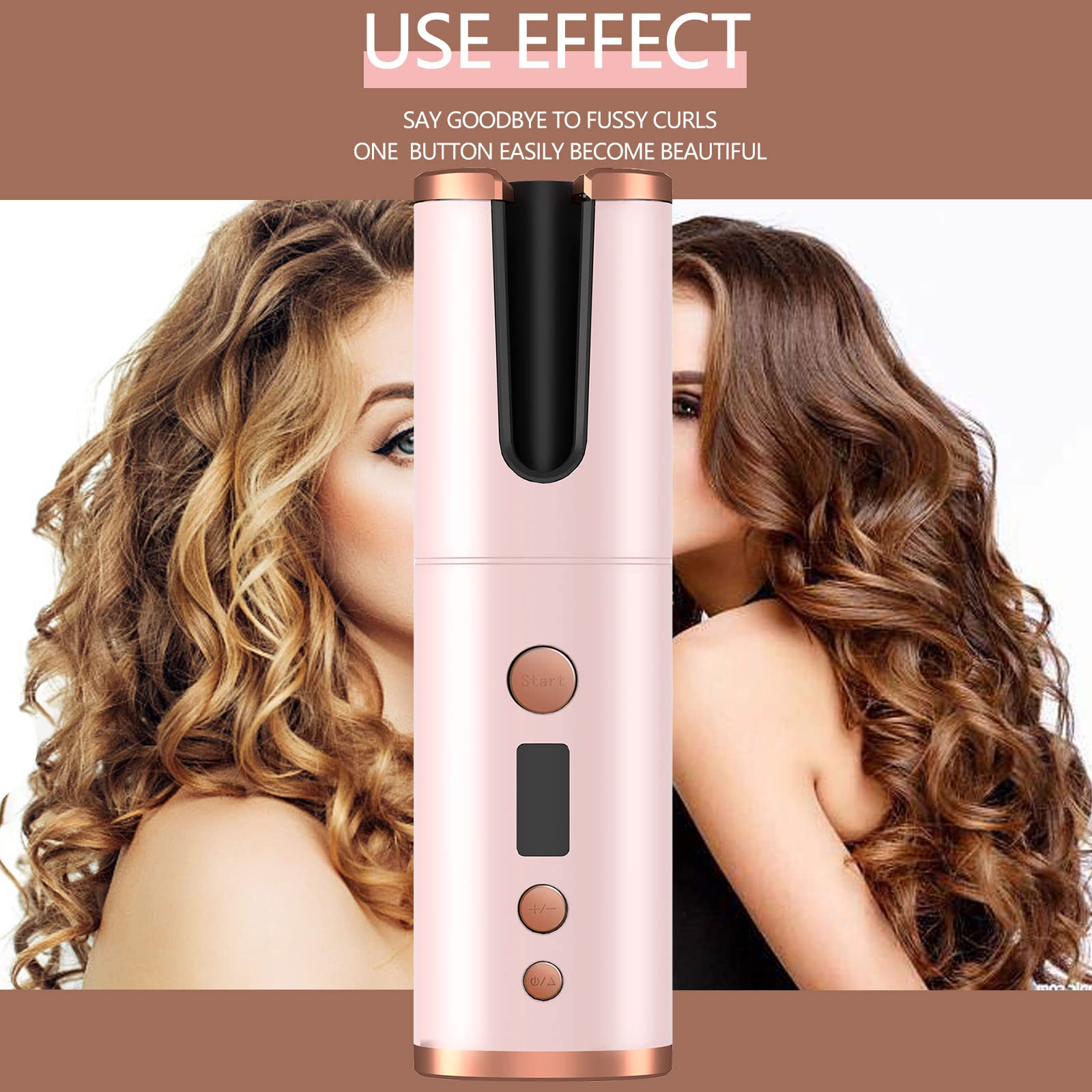 Automatic Curling Iron,Cordless Auto Hair Curle r, Wireless USB Rechargeable Curling Iron Wand, Portable Rotating Curling Wave Wand Styling Tool, Auto Shut Off ,Fast Heating for Hair Styling(Pink)