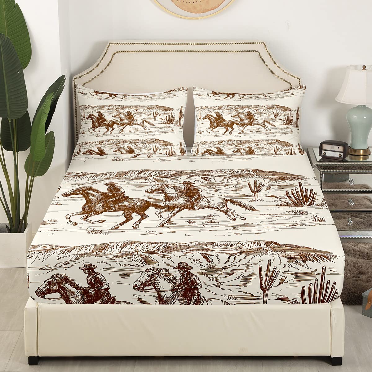 Erosebridal Western Bed Sheets Queen Size Cowboy Sheet Set American Wild West Desert Hand Drawn Illustration Fitted Sheet Country Theme Bedroom Decor Bedding Set for Boys Men Teens