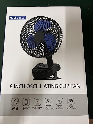 ATEngeus 4 in1 USB Fan, 8” Clip Fan, 10000mAh Rechargeable Table Fan, 5 Speeds Battery Operated Fan, 45°/90° Automatic Rotation, 3 Time Setting, with Clip & Hook for Homes, Offices, Bedroom