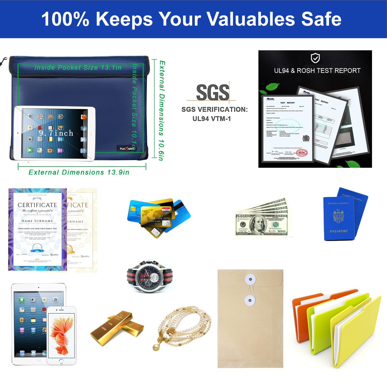 Fireproof Waterproof Money Document Bag - with 4200°F Heat Insulated, Safe Storage Pouch with Zipper, Upgraded 8 Layers of Functional Materials for Valuables (13.9"x10.6", Blue)