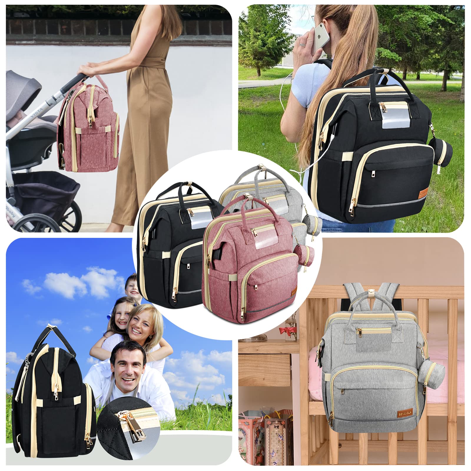 BEYAHELA Diaper Bag Backpack Baby Bag, Waterproof Large Multifunctional-Organizer Bag Baby Essentials Mommy Bag USB Port (Pink)