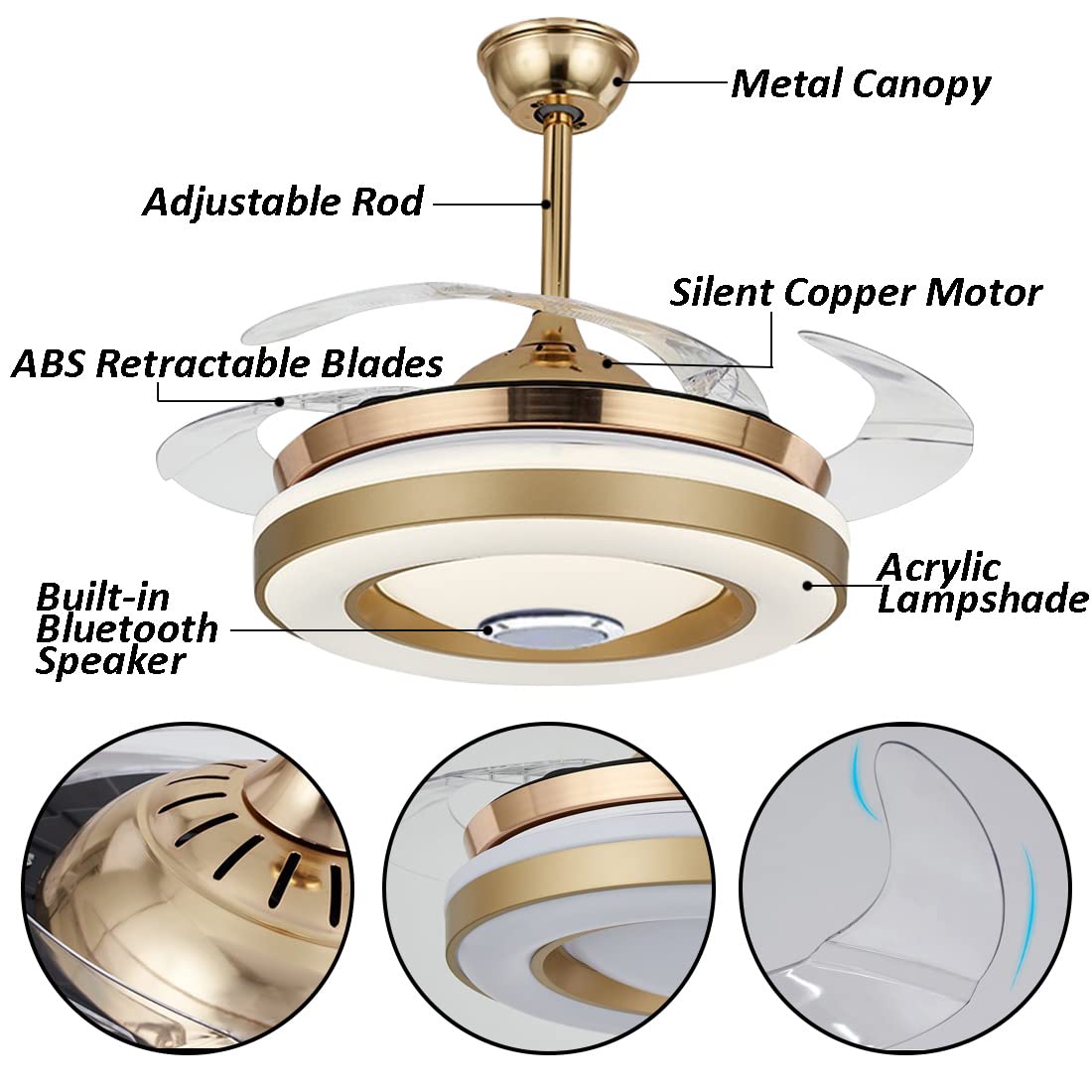 Angry Pryo 42Inch Bluetooth Ceiling Fan with Light and Speaker Music, 7 Color Dimmable LED Retractable Blades with Remote Ceiling Lighting Chandelier for Livingroom Restaurant Hall