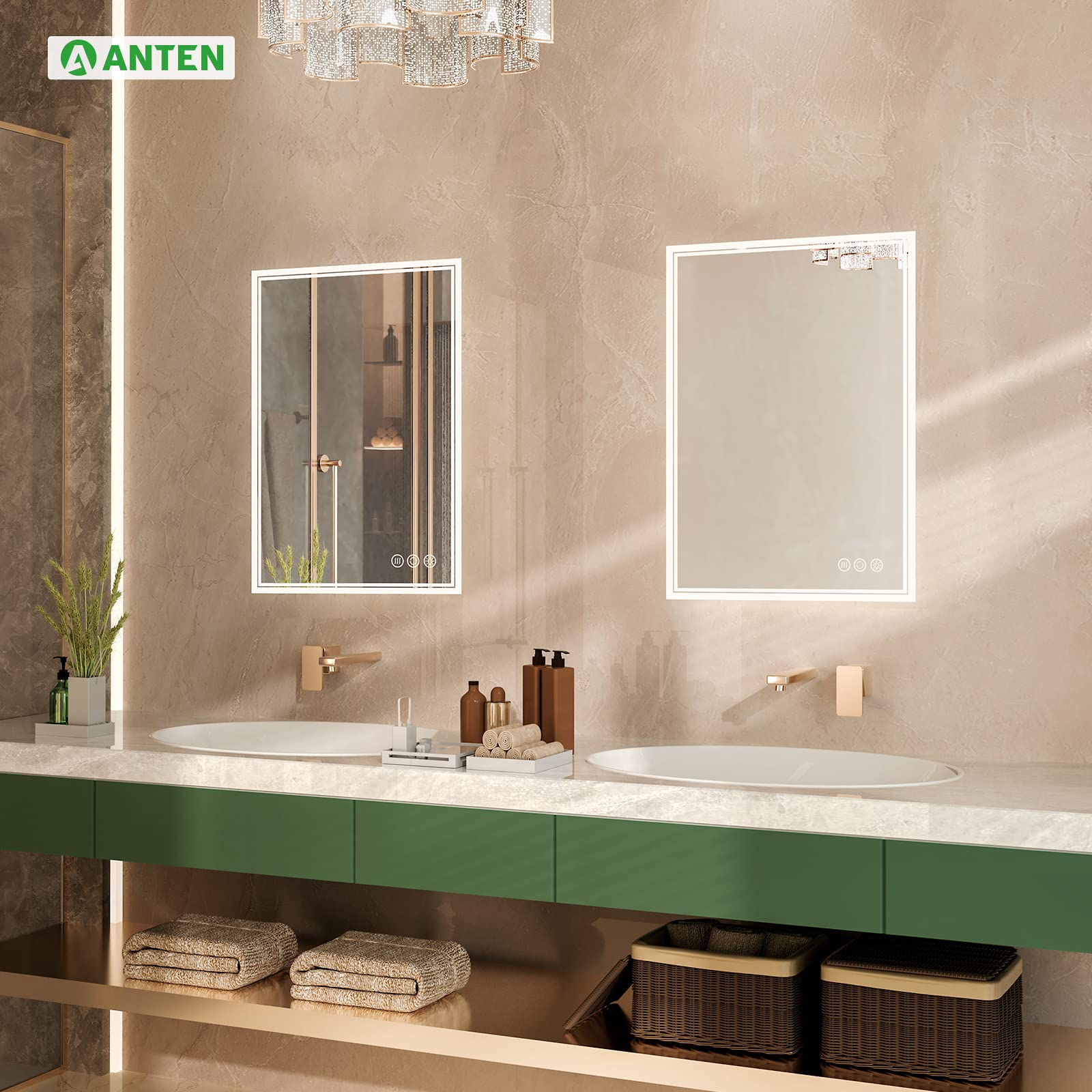 ANTEN 32" x 24" LED Mirror for Bathroom, Backlit Lighted Mirrors for Bathroom Wall, Anti Fog Led Vanity Mirror, 3000-6000K, Stepless Dimmable, IP54, Shatterproof Makeup Mirror