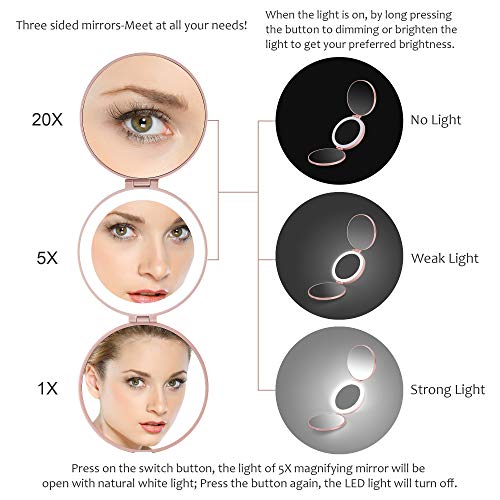 B Beauty Planet 20X Magnifying Mirror with Light, 20X/5X/1X Travel Lighted Makeup Mirror,Portable LED Compact Mirror,Handheld Folding Rechargeable Ring Light Mirror(4inches, Rose Gold)