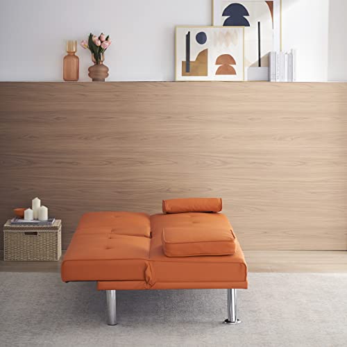 Foldable Futon Sofa Loveseat Convertible Sleeper Couch Bed for Small Space Apartment Office Living Room Furniture Sets with 2 Cup Holders, Tufted Back & Seat Orange PU Leather 67" W