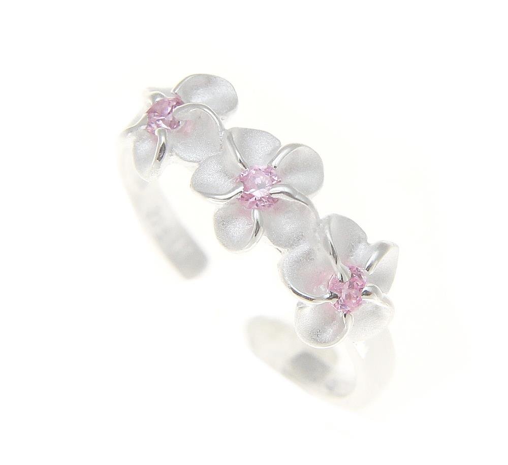 Arthur's Jewelry 925 sterling silver Hawaiian 3 triple plumeria flower pink cz open toe ring