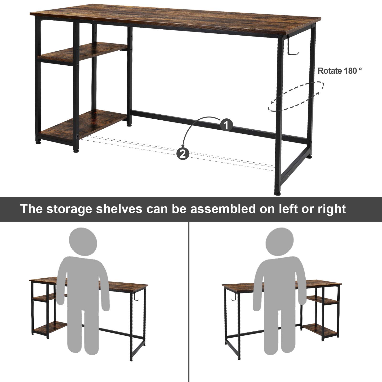 AuAg Computer Desk Home Office Desk with 2 Shelves, 55 inch Writing Desk with Storage, Industrial PC Desk Laptop Study Table with Bag Hook Gaming Desk Workstation, Easy to Assemble(Rustic Brown)