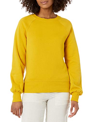Amazon Essentials Women's Classic-Fit Gathered Long-Sleeve Crewneck Sweatshirt, Dark Yellow, Large