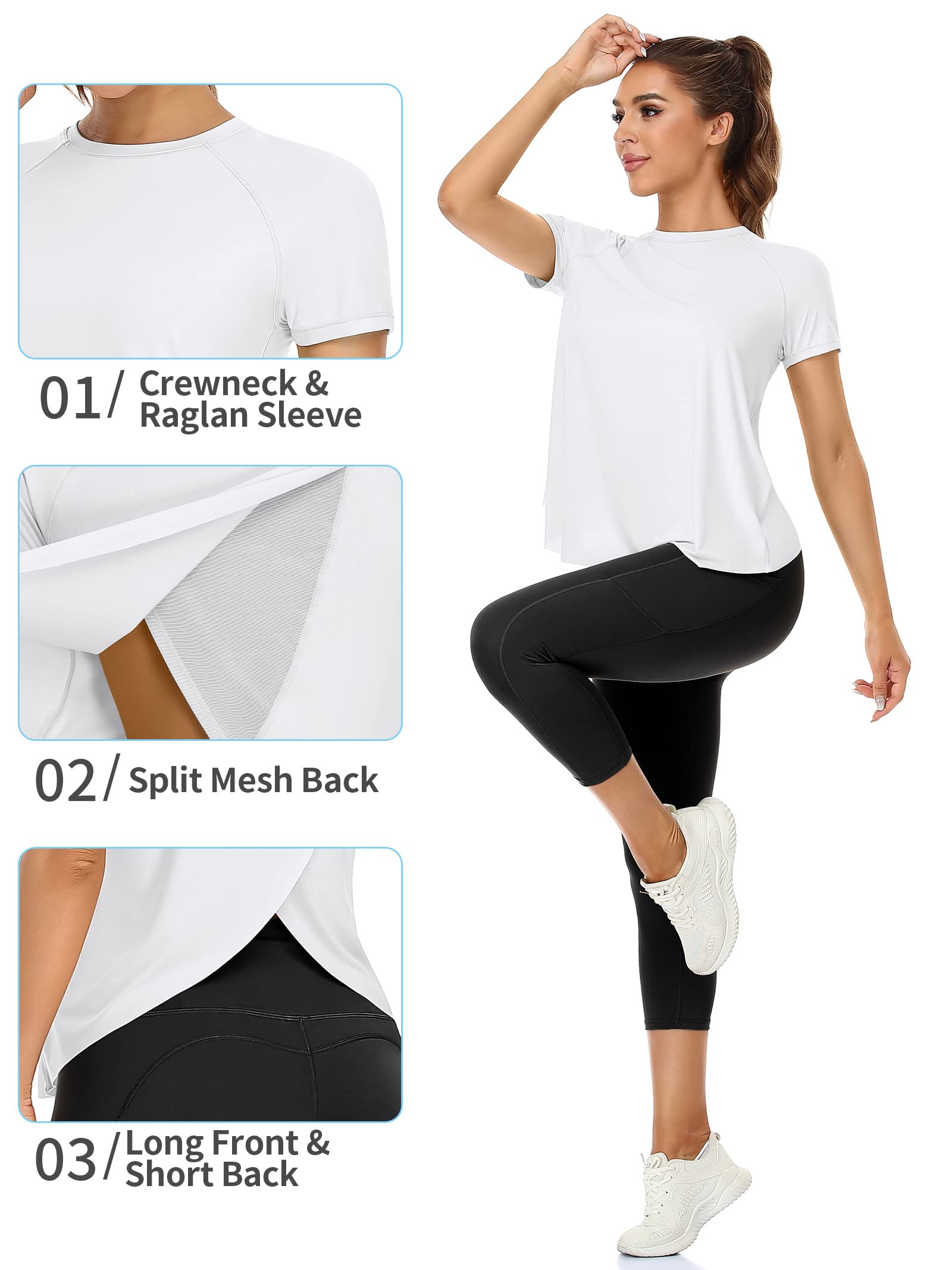 ATTRACO Workout Tops for Women Short Sleeve Flowy Athletic T-Shirt Open Back Yoga Shirts White