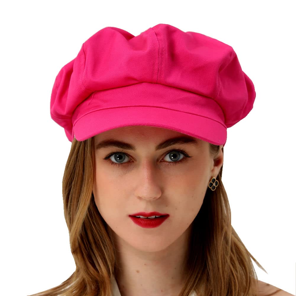 BEYLRZID Womenâs Newsboy Cap Summer Beret Cap- 100% Cotton 8 Panels Vintage Cabbie Hat- Octagonal Visor Cap for Women Girls Ladies Gift Hot Pink