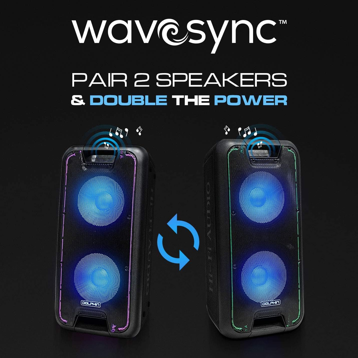 Dolphin SP-210RBT Dual 10" Bluetooth Party Speaker, Neon LED Lights, 3400W, Long-Lasting Battery, X-Bass, Trolley & Wheels
