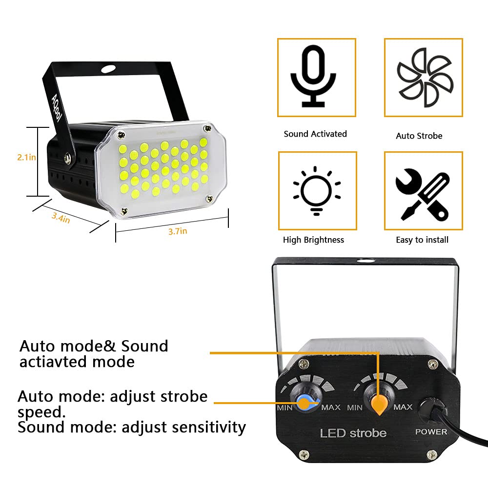 AQOOL Halloween White Strobe Lights, Sound Activated Mini 36 LED Strobe Light for Parties, Speed Adjustable Super Bright DJ Stage Lighting for Halloween Room Dance Stage Disco(No Remote)