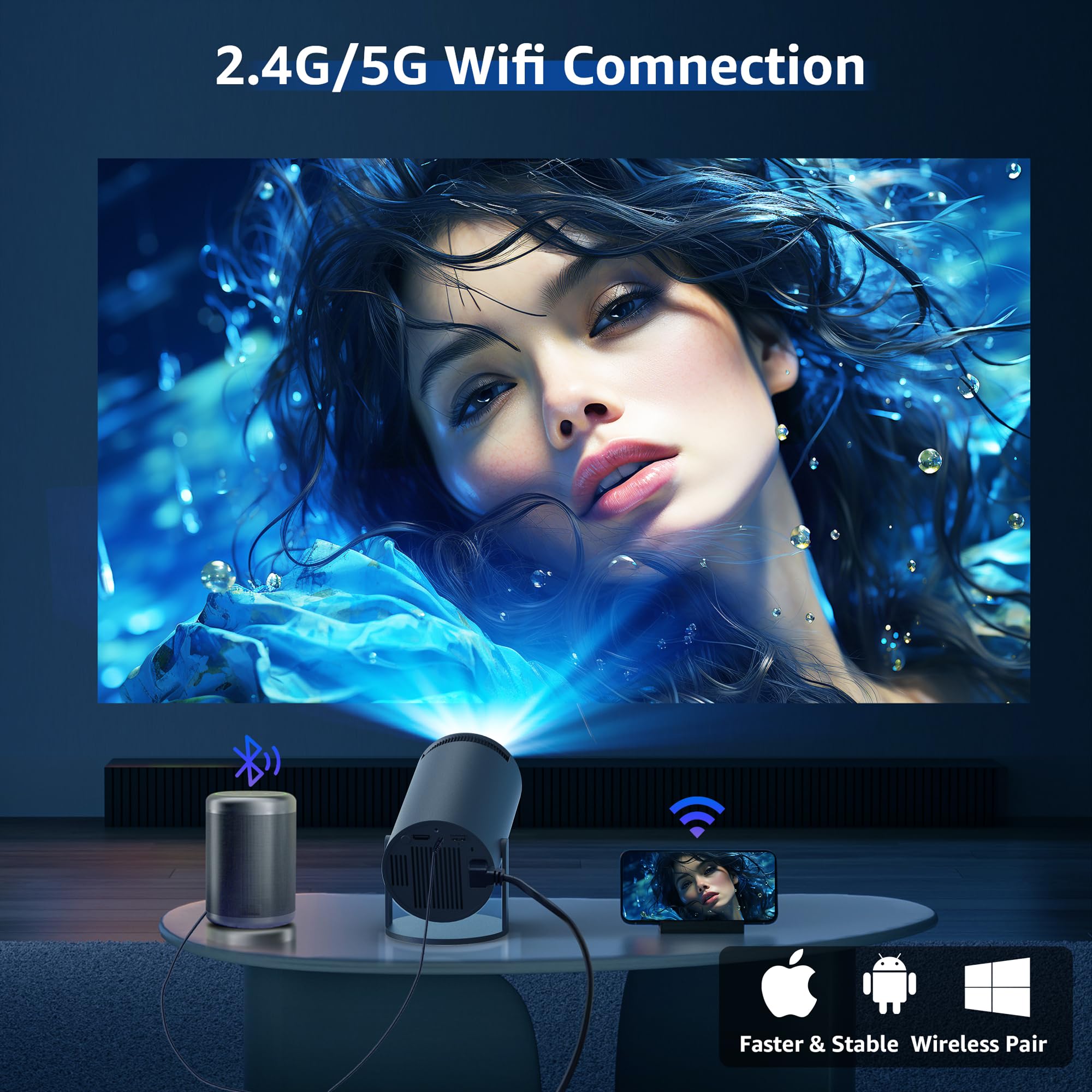 aubor Mini Projector with Android TV 11.0, Support 1080P Smart Portable Projector with 5G WiFi and Bluetooth, 10000 Lumen,Auto Keystone Correction, Premium 360 Sound, 40"-130" Screen Video Projector